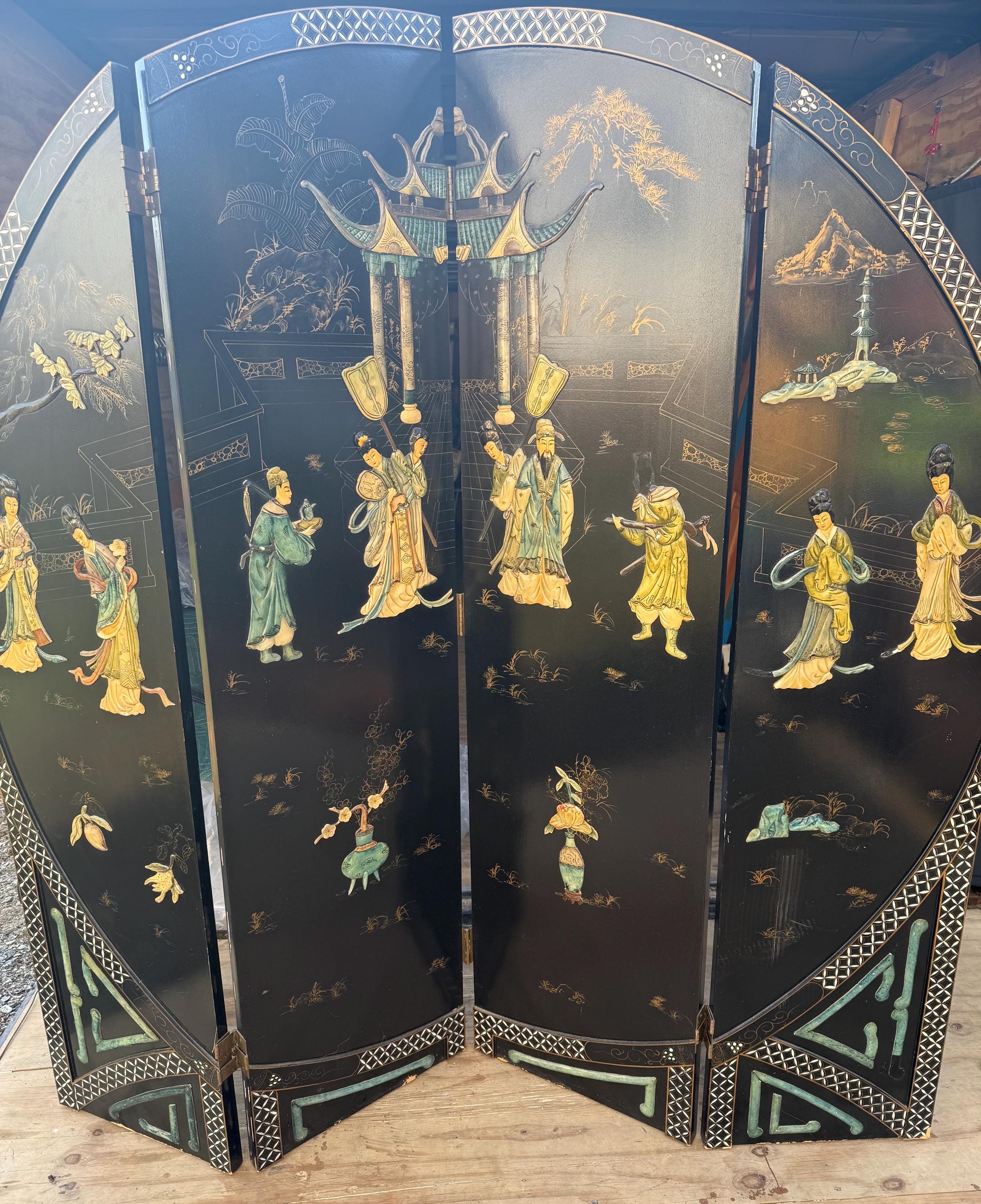 1940s Antique Asian 4 Panel Wooden Room Divider With Ceramic Figures ...