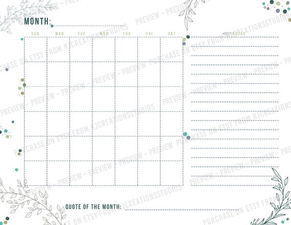 Blank Monthly Calendar Botanical Blues - Etsy