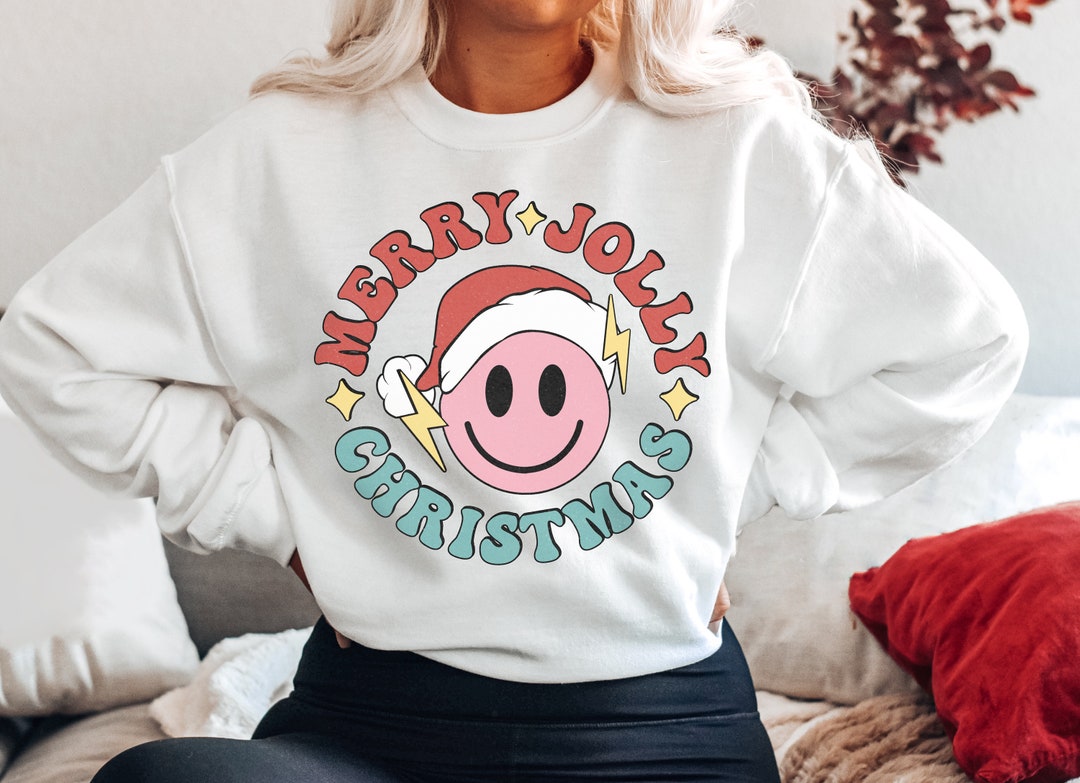 Merry Jolly Christmas Happy Smiley Face Christmas Crewneck Jolly Unisex ...
