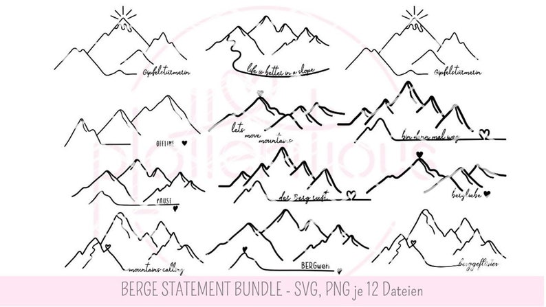 Berge Statement Bundle SVG, PNG, je 12 Dateien, Spruch, Bergliebe, skifahren, wandern, Wanderer ...
