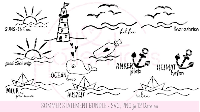 SOMMER Statement Bundle Plotterdatei, SVG, PNG, Meer, Anker, Boot, Leuchtturm, Wal, Sonne, Möwen ...