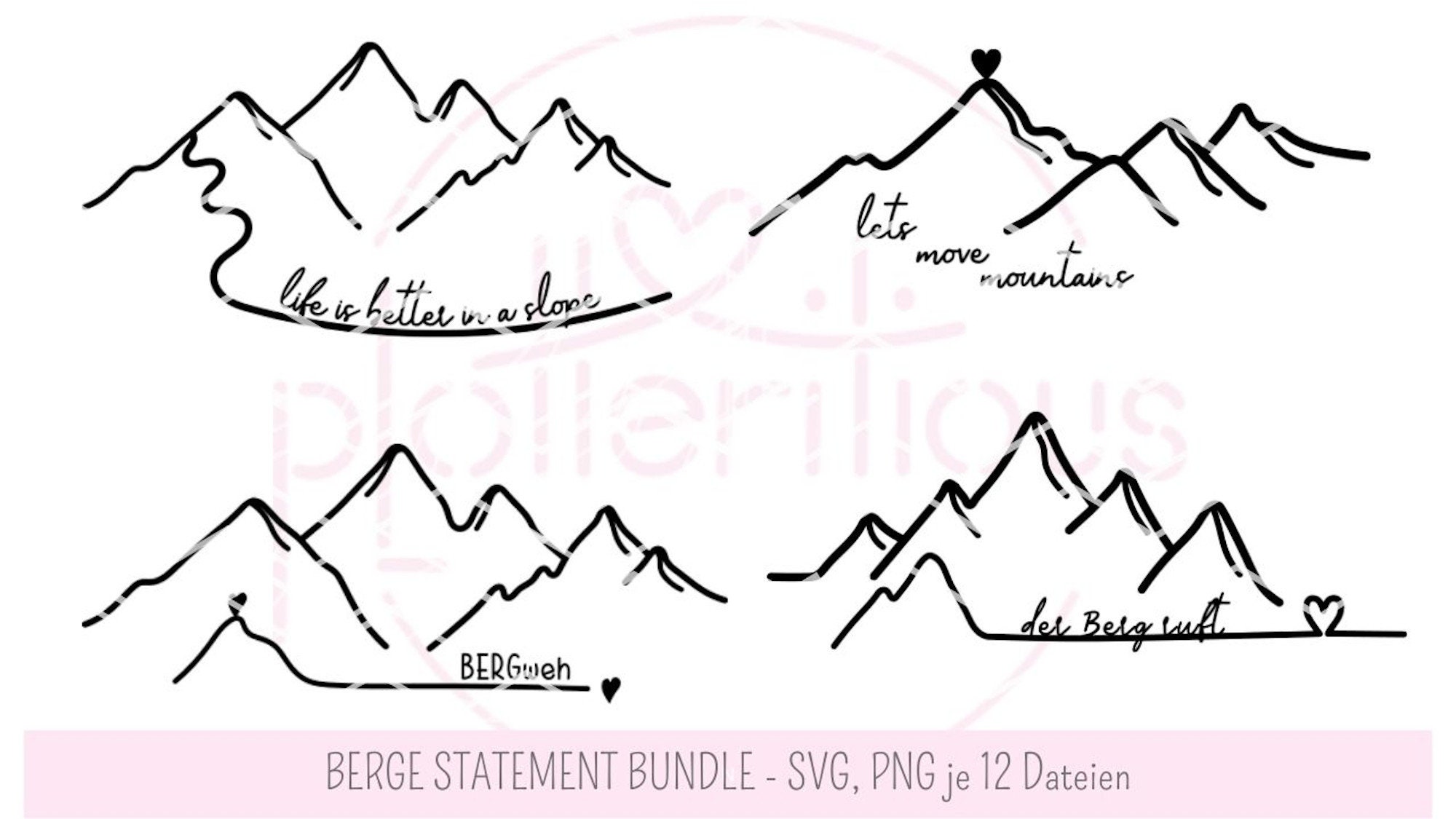Berge Statement Bundle SVG, PNG, je 12 Dateien, Spruch, Bergliebe, skifahren, wandern, Wanderer ...