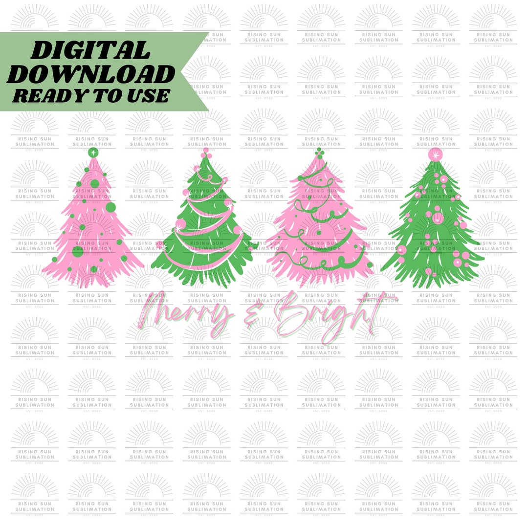 Merry and Bright Christmas Trees, Retro Pink & Green PNG, Jadeite ...