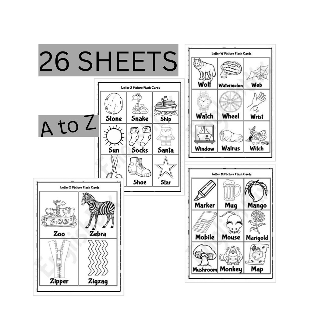 26 Printable Alphabets Flash Cards for Coloring. ABC Printable Picture ...