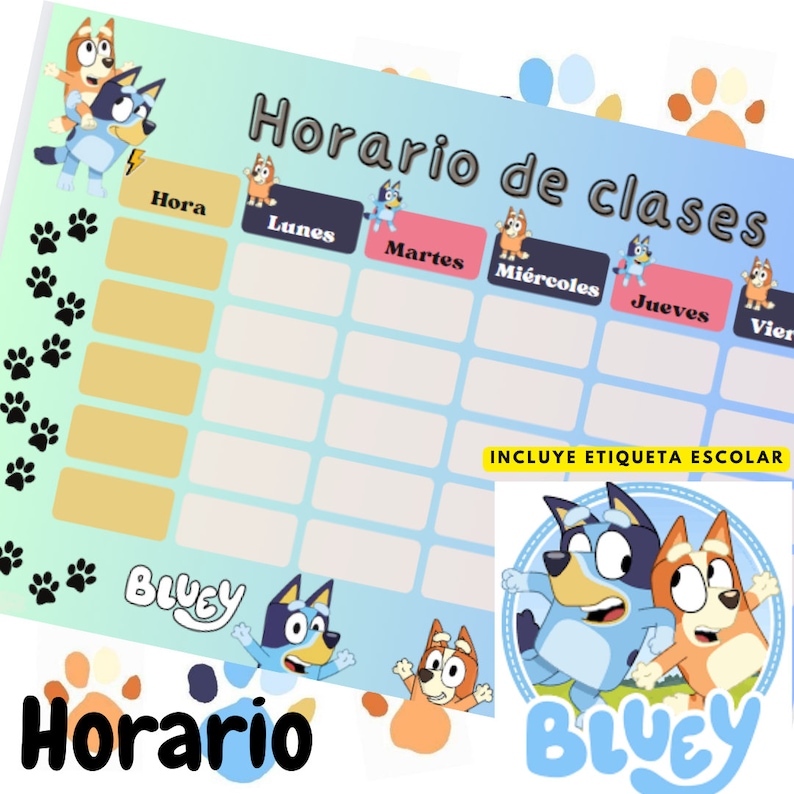 Horario de clases Temática "Bluey" Incluye etiqueta escolar Bluey y ...