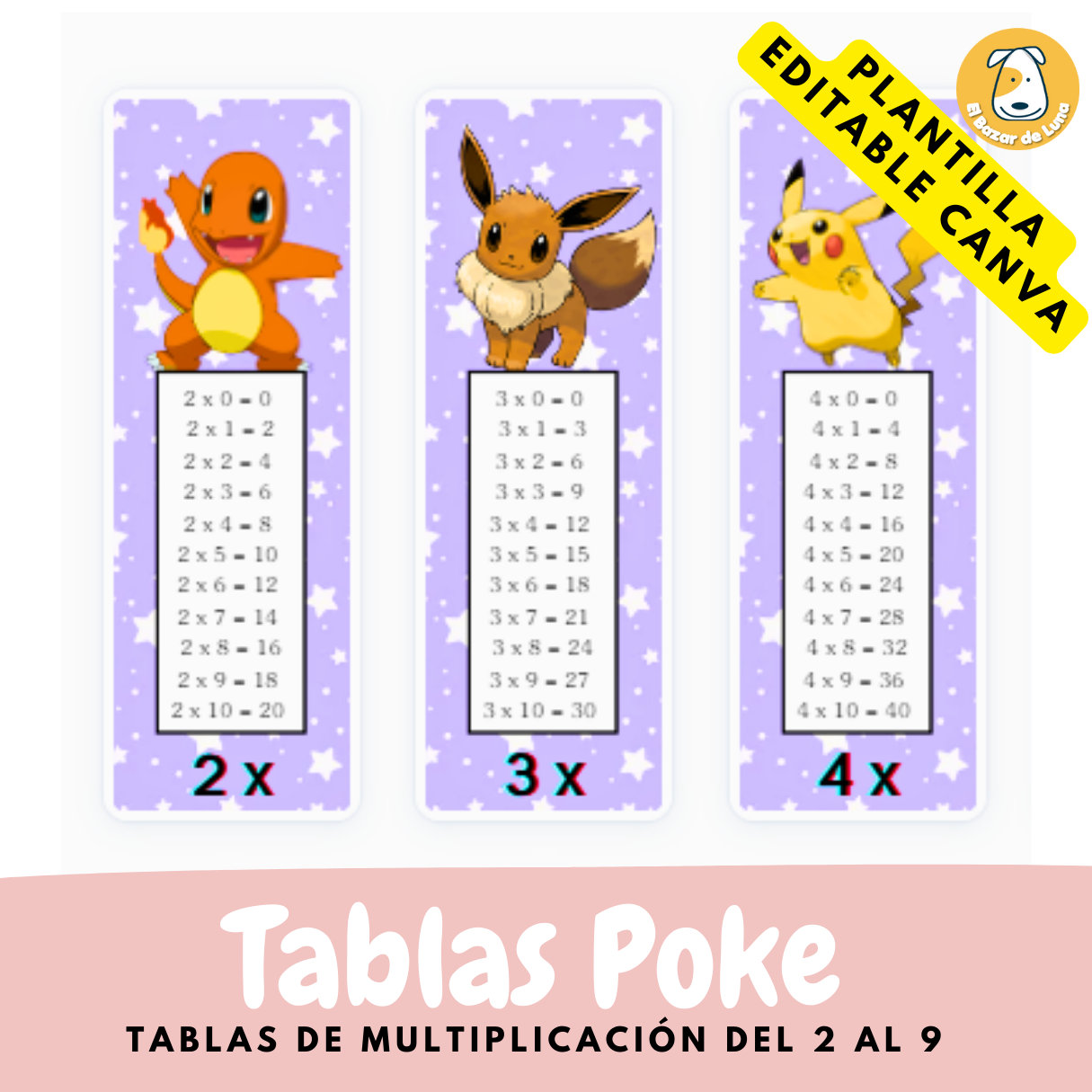 Tablas de multiplicar Poke 2 al 9 PDF / Plantilla Canva Template ...