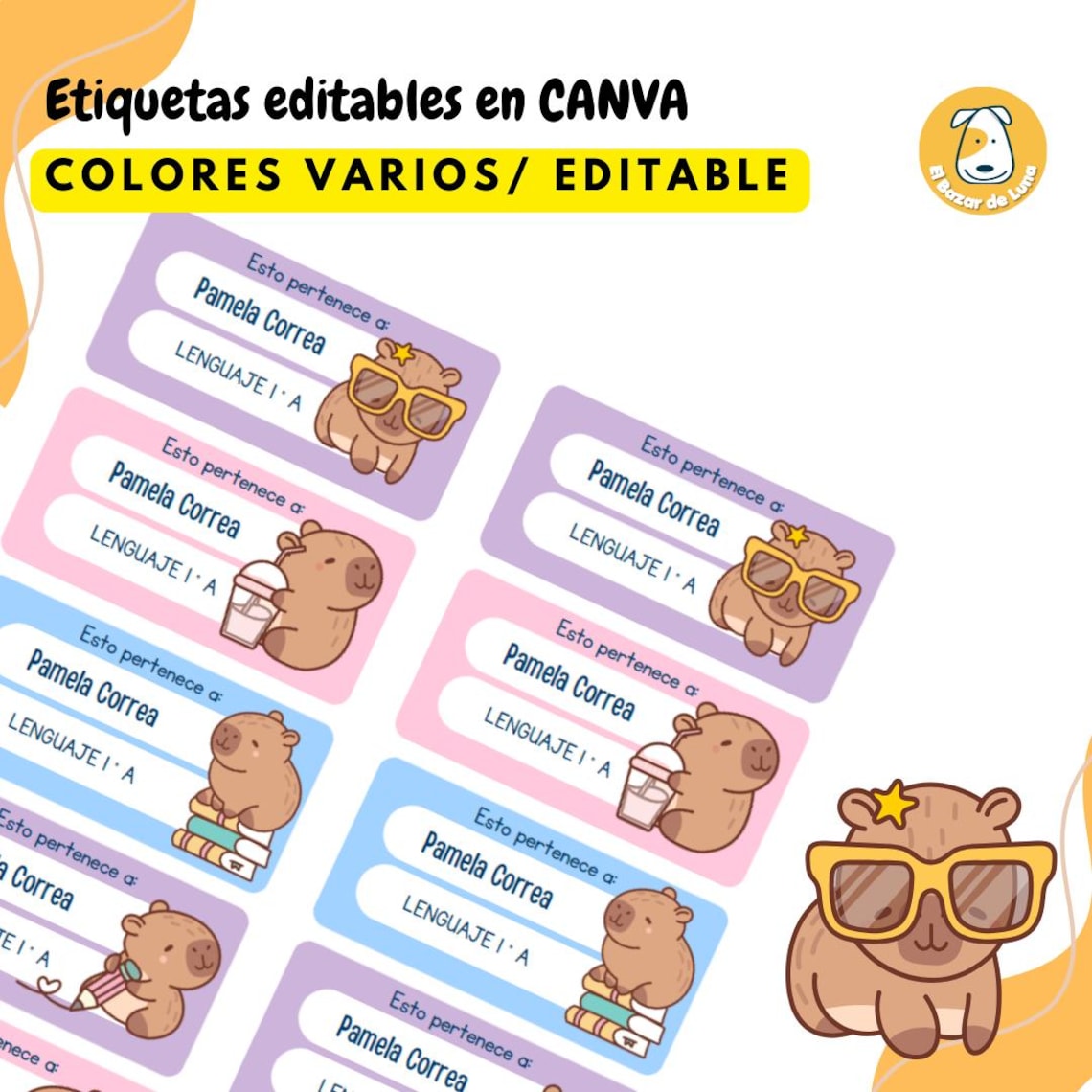Etiquetas escolares Capibara Cute / Cuadernos, lápices útiles Book ...