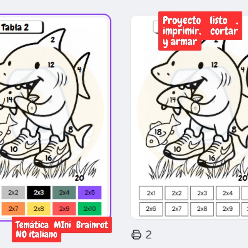 Tralalero Tralala 2 Times Table PDF | Shark Coloring and Multiplication ...