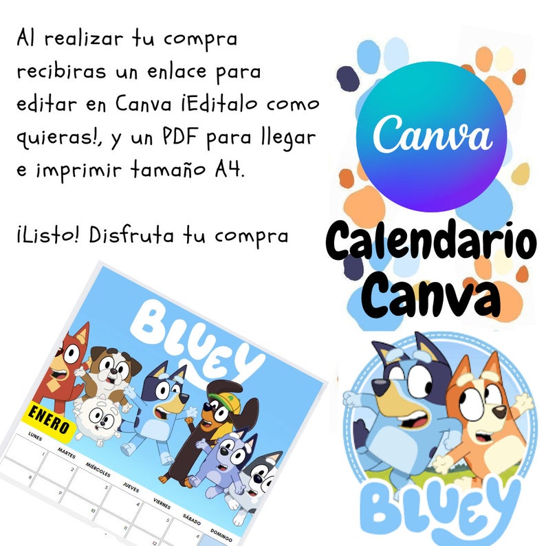 Calendario 2024 Bluey Para Personalizar en Canva / PDF A4 imprimible ...