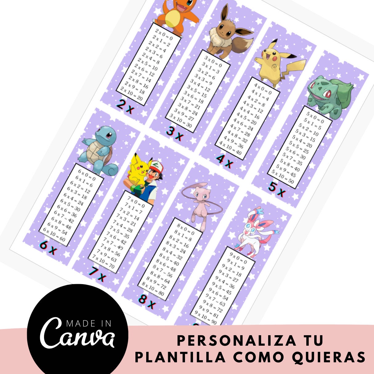 Tablas de multiplicar Poke 2 al 9 PDF / Plantilla Canva Template ...