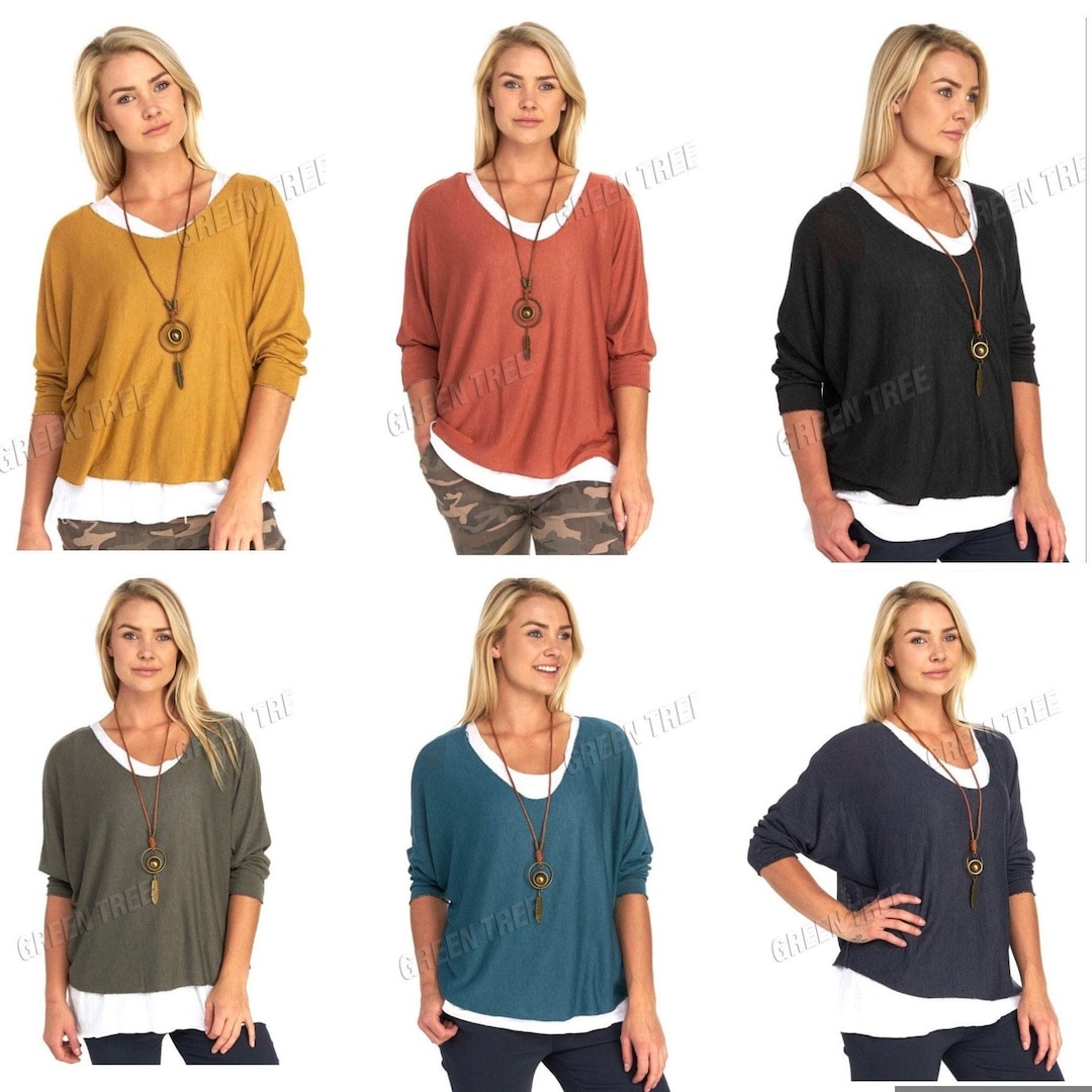 Women's Ladies Italian 2 in 1 Autumn Top Blouse Knit Glitter Trim ...