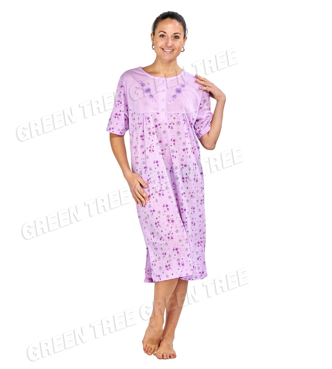 Ladies Floral Nightdress Cotton Blend Nightie Short Sleeve Button ...