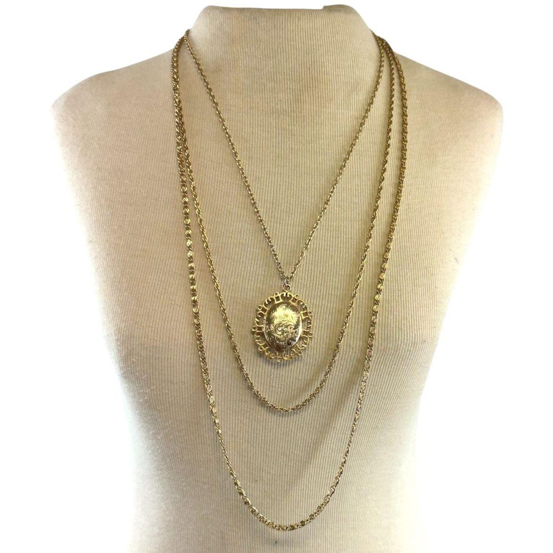 Vintage Layered Style Triple Strand Gold Tone Chain Necklace With ...