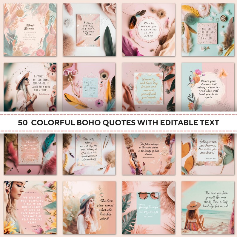 50 Colorful Boho Quotes Pack Instagram CANVA Templates | Engagement ...