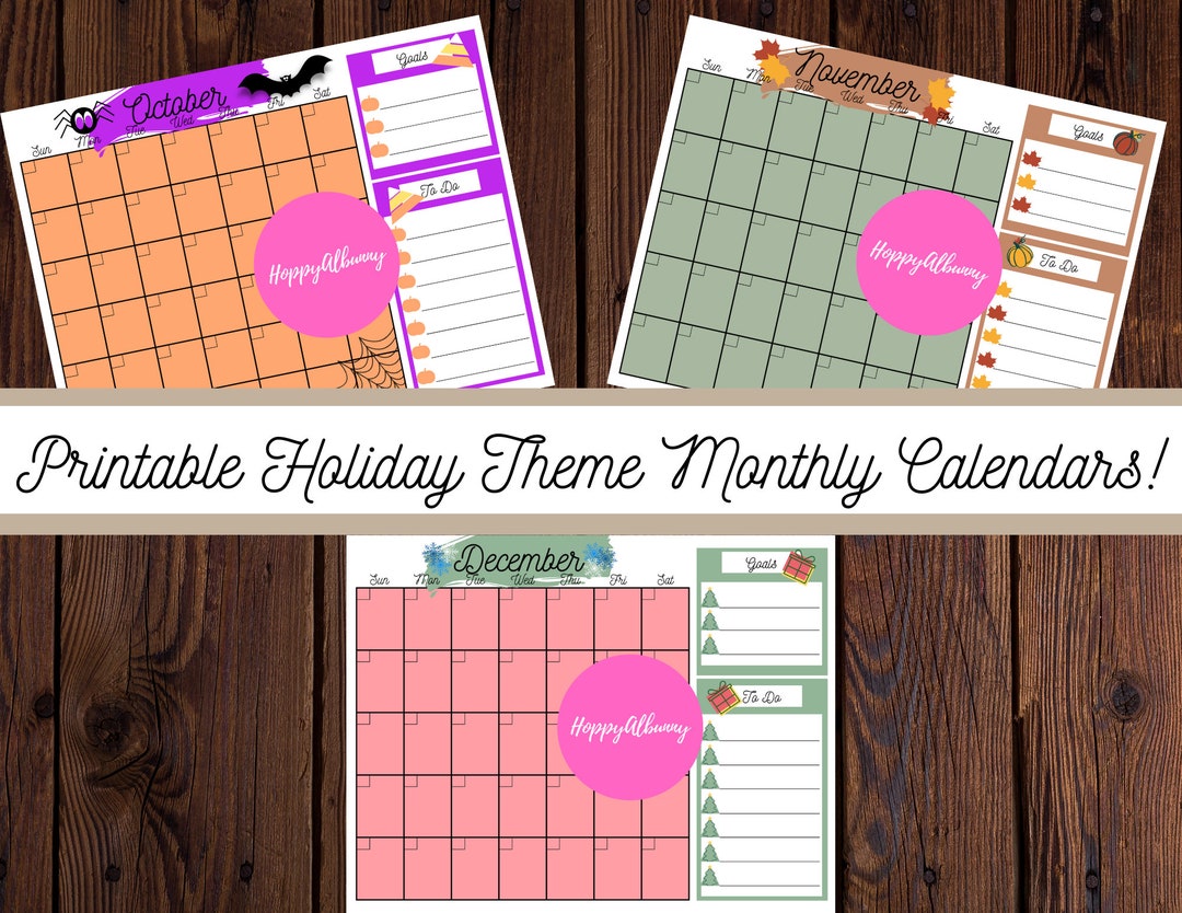 Printable Holiday Monthly Calendar Bundle, October/november/december ...