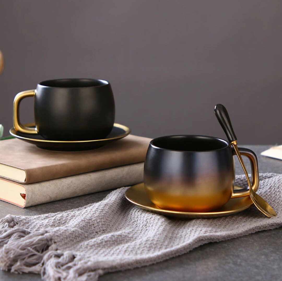 Gradient Gold and Black Ceramic Coffee Mug With Golden Spoon - Etsy