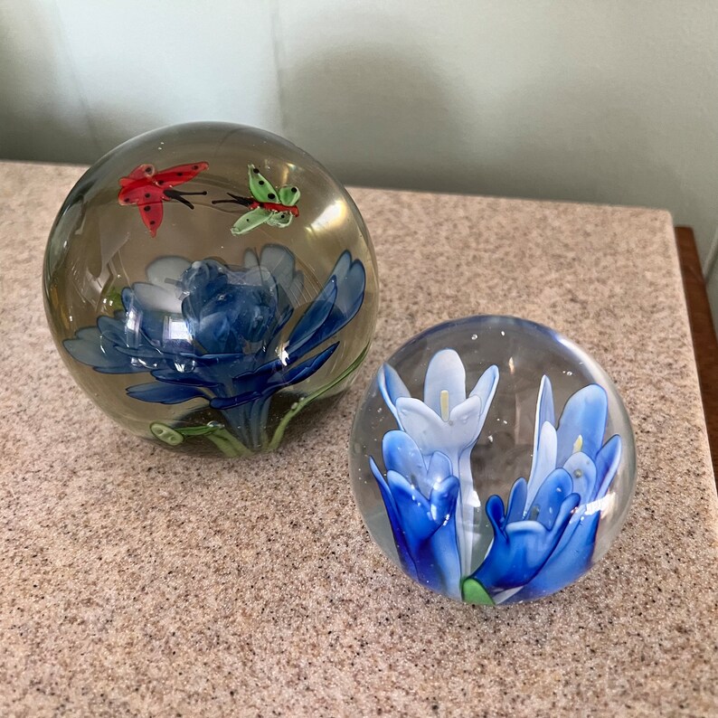 Vintage Glass Floral Paperweights - Set of 2 Blue Flowers - Etsy