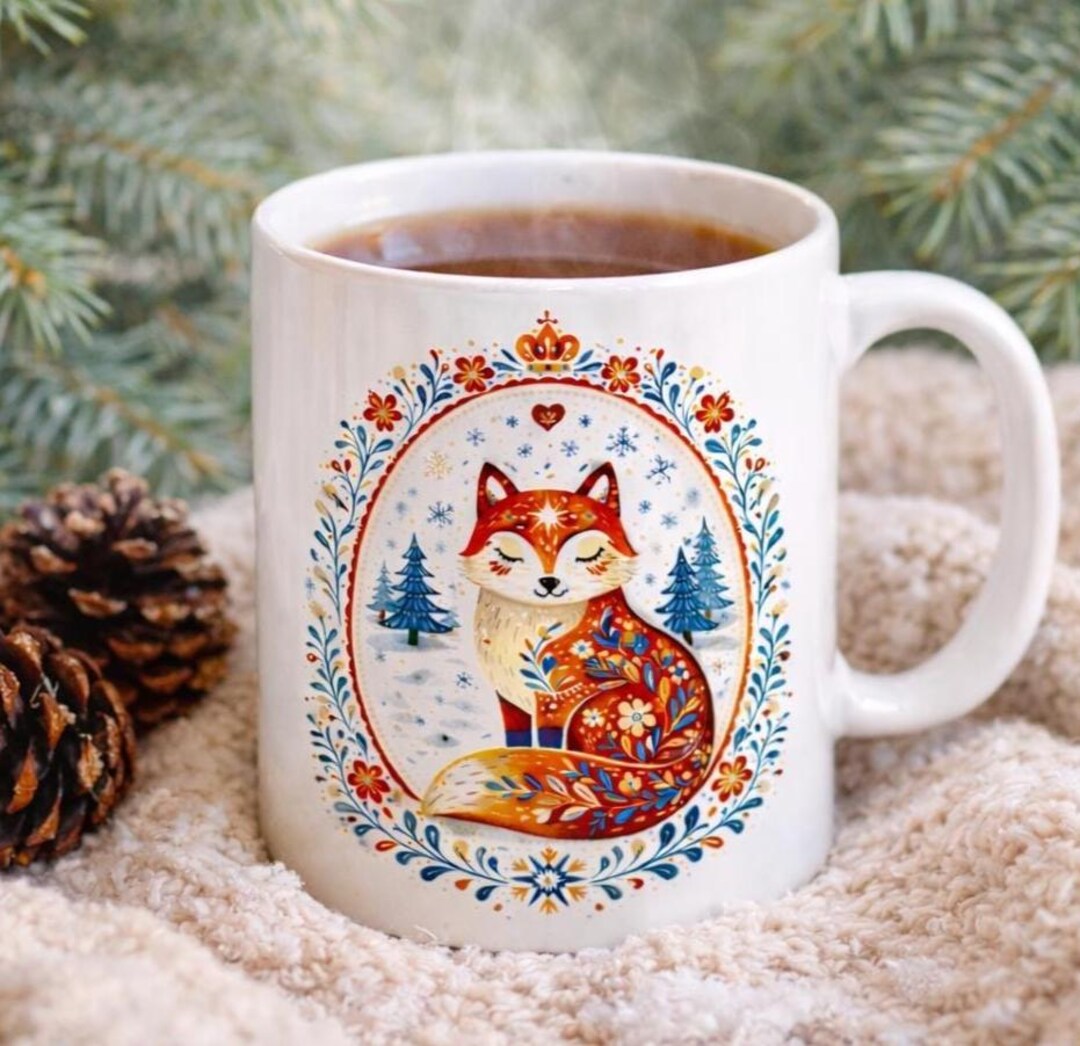 Nordic Fox Mug – Scandinavian Folk Art Coffee Cup, Cozy Winter Tea Mug ...