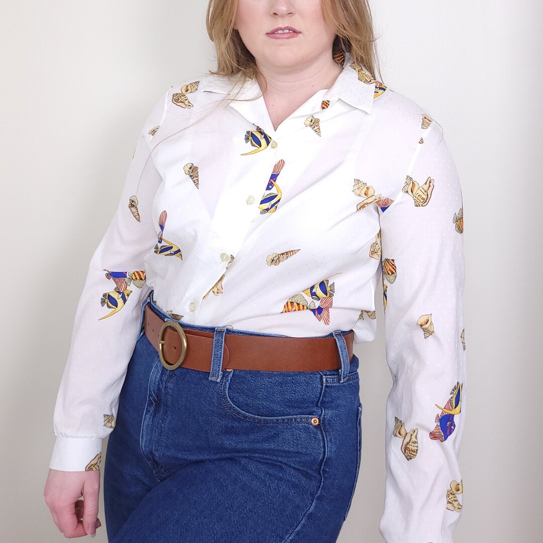 Vintage Button up / Fish / Seashell / Aquatic / Tropical / Ocean ...