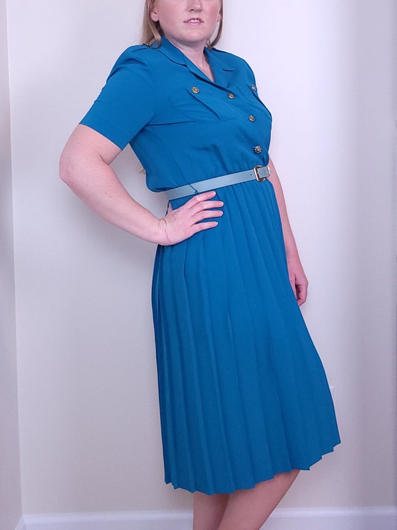 Vintage 90s Leslie Faye Petite Blue Button Up Dress /… - Gem