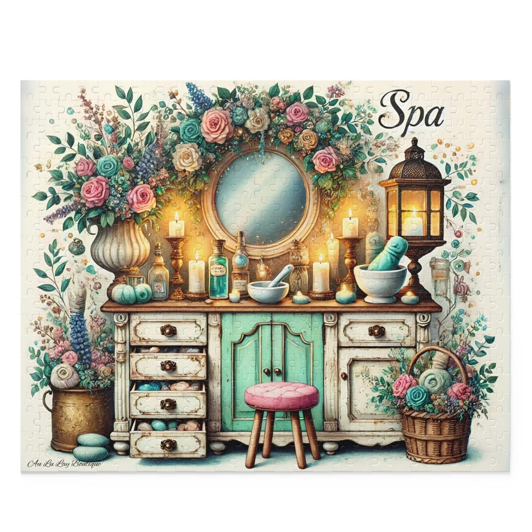 Vintage Spa Vanity Puzzle, Floral Candlelit Self-care Cabinet, Shabby ...