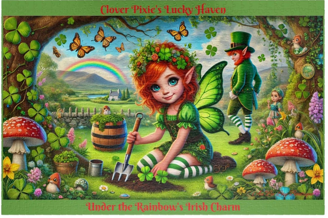 Clover Pixie Puzzle - Enchanting Fairy and Leprechaun Jigsaw for St ...