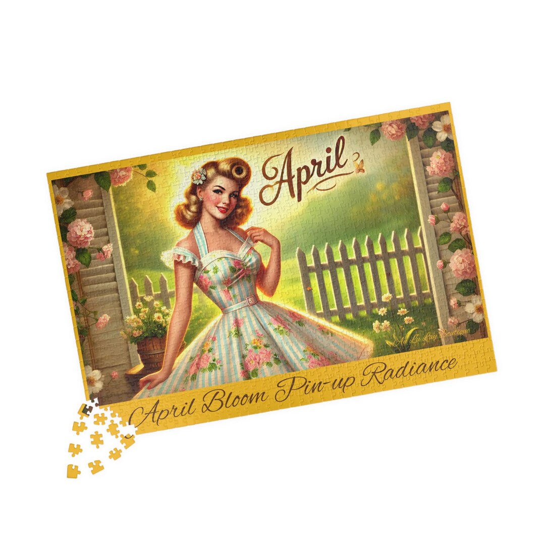 April Retro Blonde Pin-up Girl Puzzle, Vintage Spring Garden Art ...