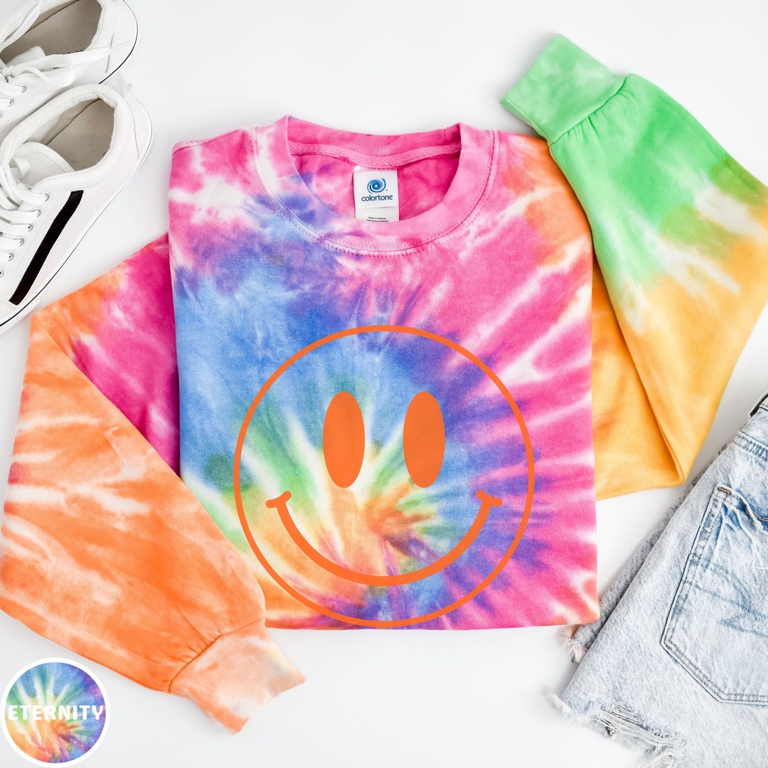 Trendy Neon Smiley Face Sweatshirts, Colorful Tie Dye Happy Emoji ...