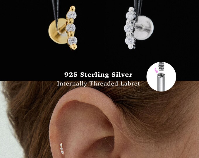 18G/16G Diamond Triple Stone Climber Internally Threaded Labret • Flat ...