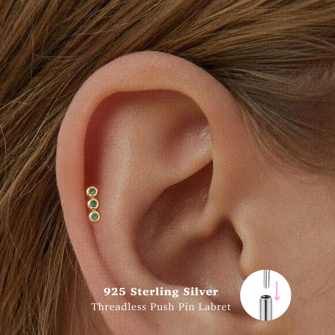18g Push Pin Labret Stud • 925 Sterling Silver • Three Emerald Stud ...