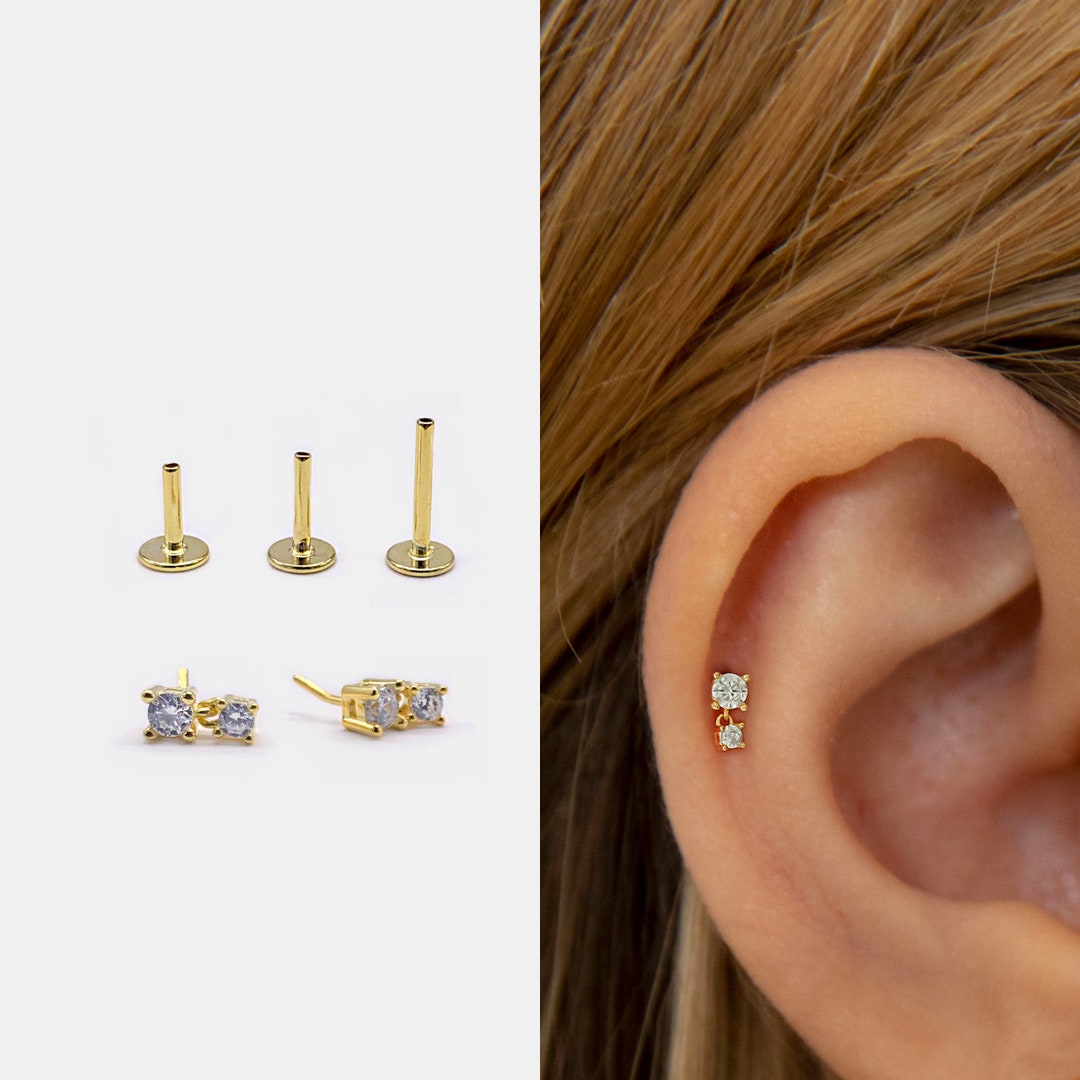 18g Push Pin Labret Stud • 925 Sterling Silver • Tiny Cz Dangle Stud • Tragus Stud • Flat Back ...