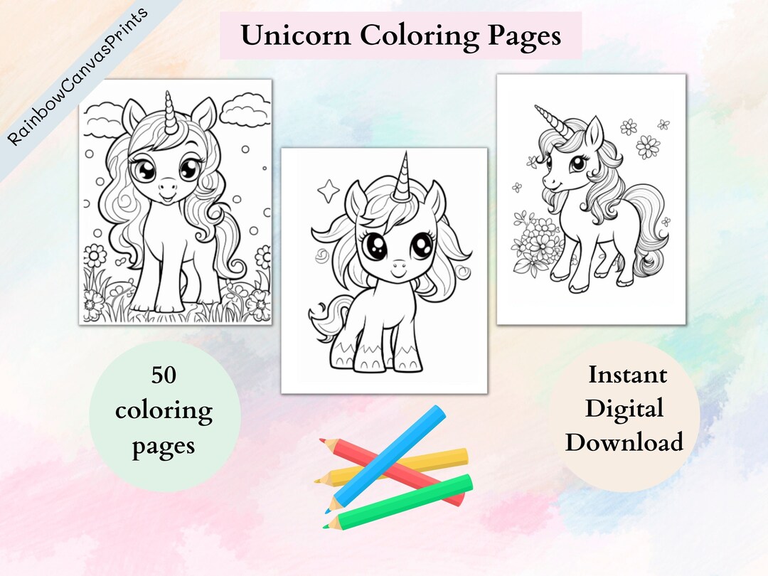 50 Pages Cute Unicorn Coloring Pages, Kids Unicorn Printable Coloring ...