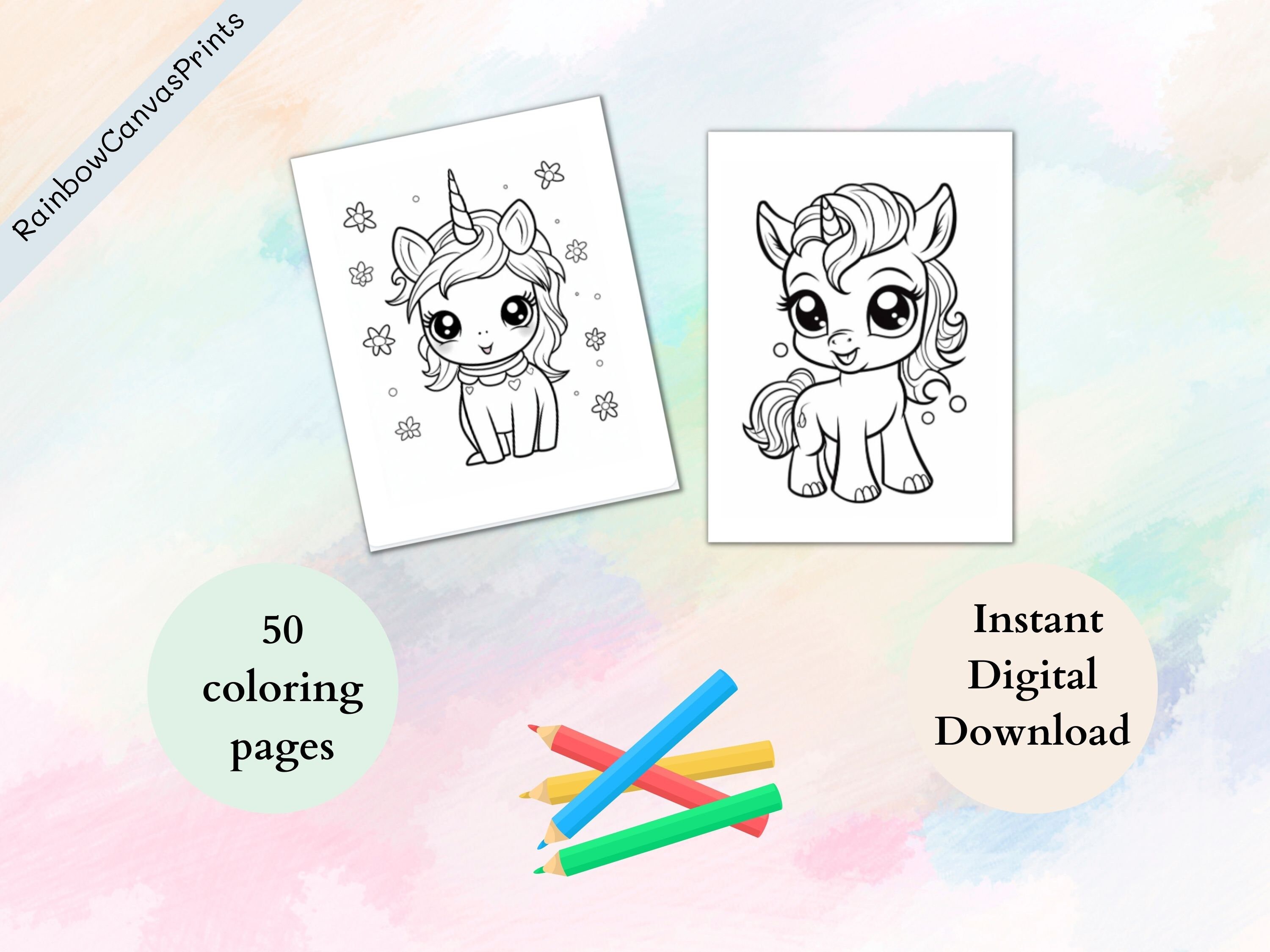 50 Pages Cute Unicorn Coloring Pages, Kids Unicorn Printable Coloring ...