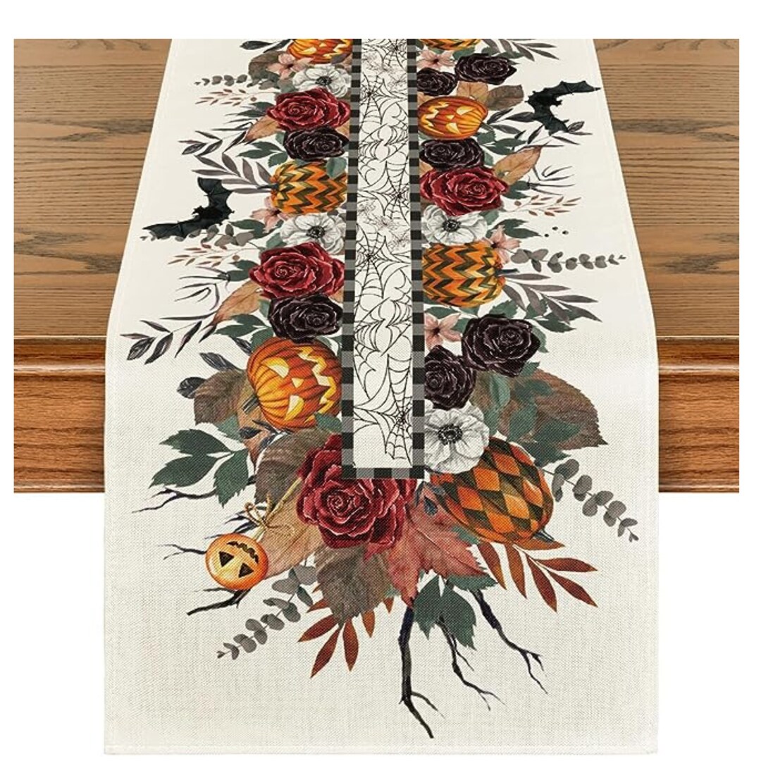 Halloween Table Runner, Quilted Print Table Runners, Roses Spider Bats Pumpkins Kitchen Dining ...