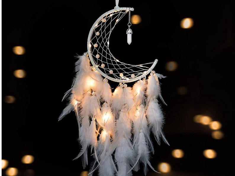 Moon Dream Catcher With Fairy Lights-feather Beads Wall - Etsy