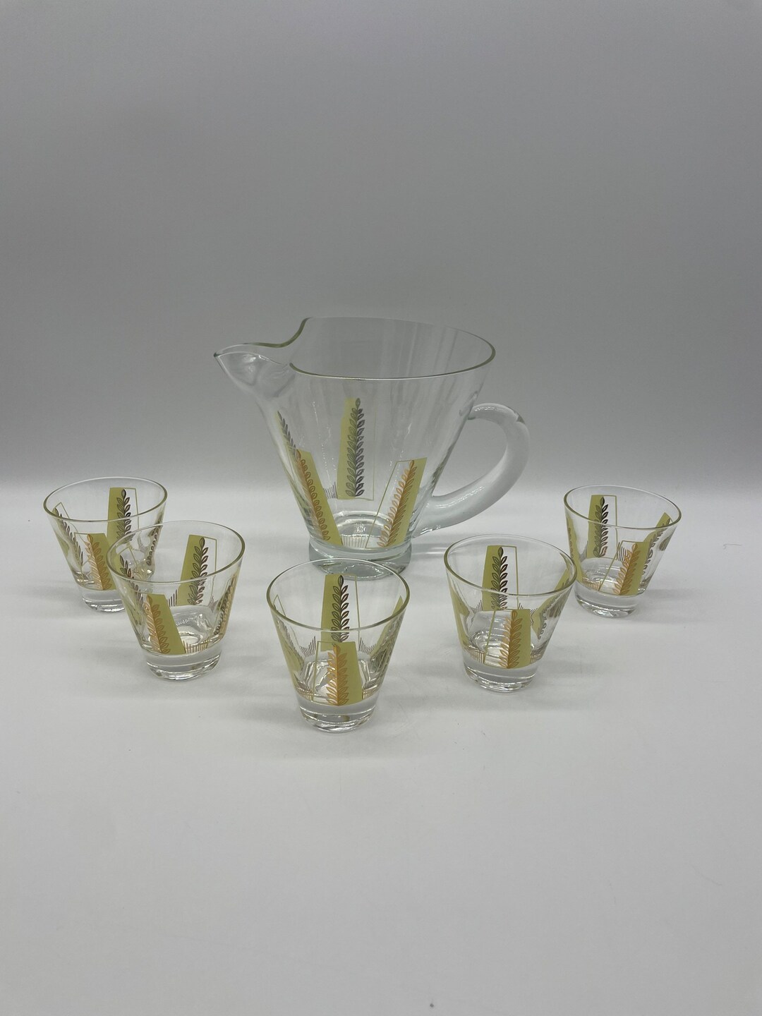 Mid Mod Gold Leaf Wheat Sheaf Pitcher and Mini Old Fashioned Tumblers ...