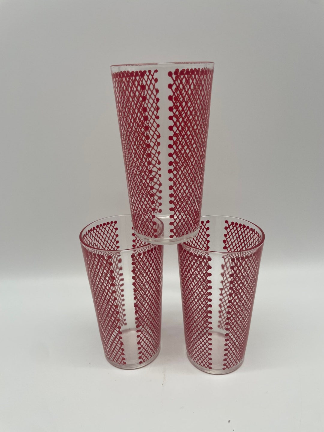 Vintage Red Crosshatch Glasses Set of 3 - Etsy