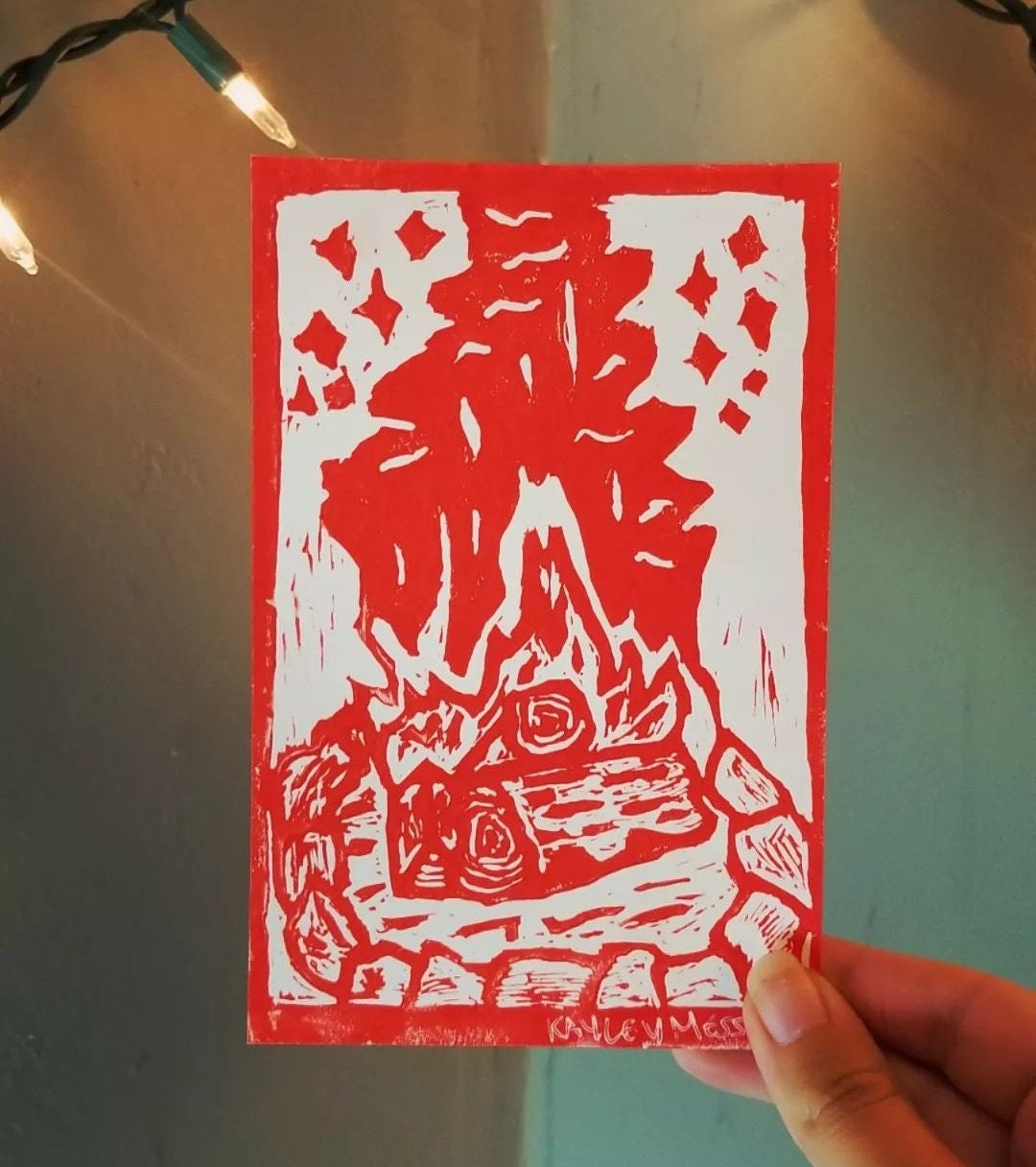 Campfire Linoleum Print - Original Linocut Block Print - 4" by 6" Print ...