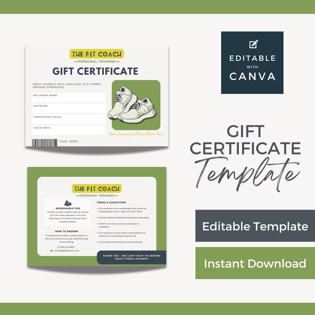 Gift Certificate Template - Editable Gift Card Template Canva - Fitness ...