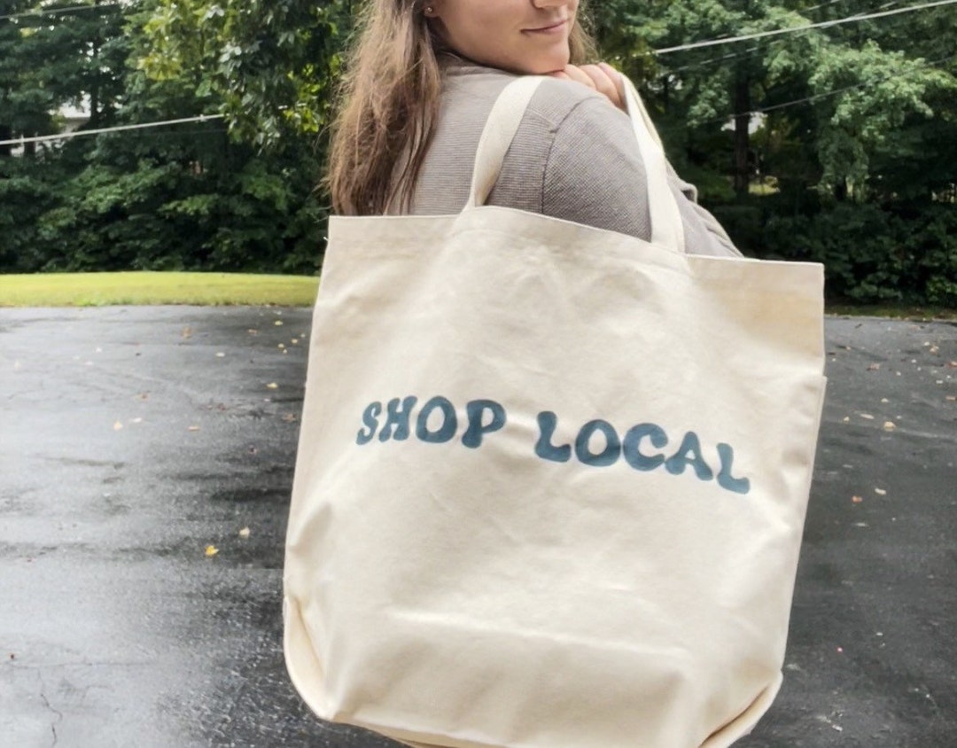 Retro Shop Local Large Canvas Tote Bag, Reusable Eco Friendly Market ...