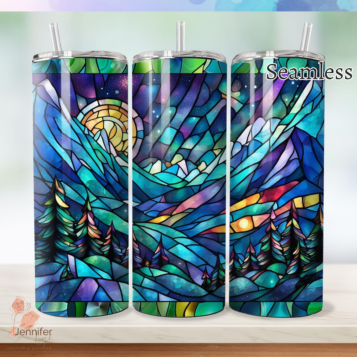 Seamless Northern Lights Stained Glass Png Tumbler Wrap Instant ...