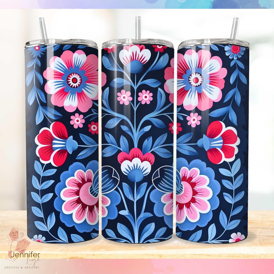 Floral Blue Indigenous Tumbler Wrap PNG JPG Native Digital Download for ...
