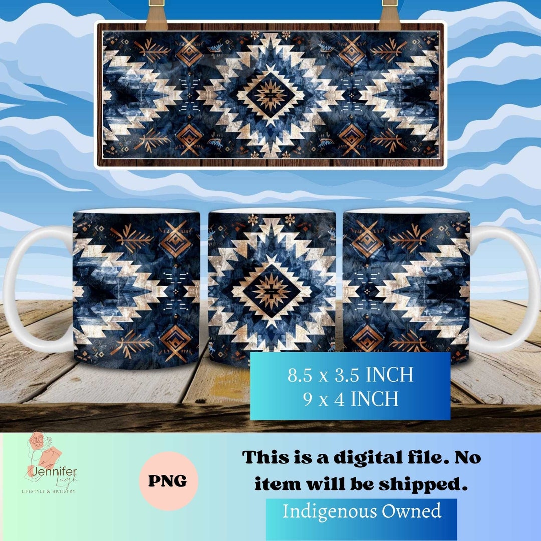 Indigenous Blue Navajo Pattern Art Coffee Mug Wrap PNG Native Instant ...