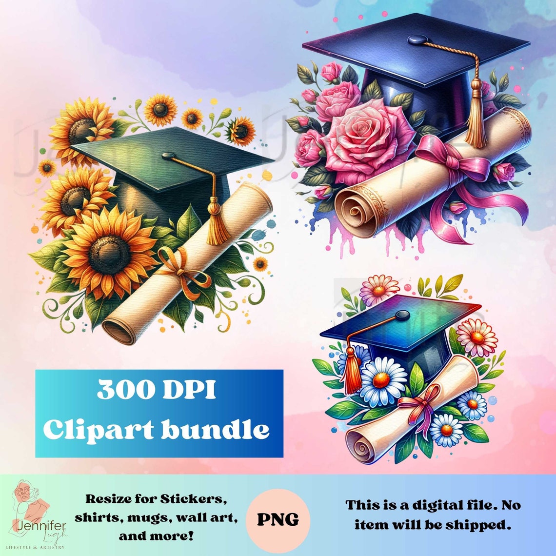 Floral Graduation Cap Clipart Bundle PNG Instant Download for Shirts ...