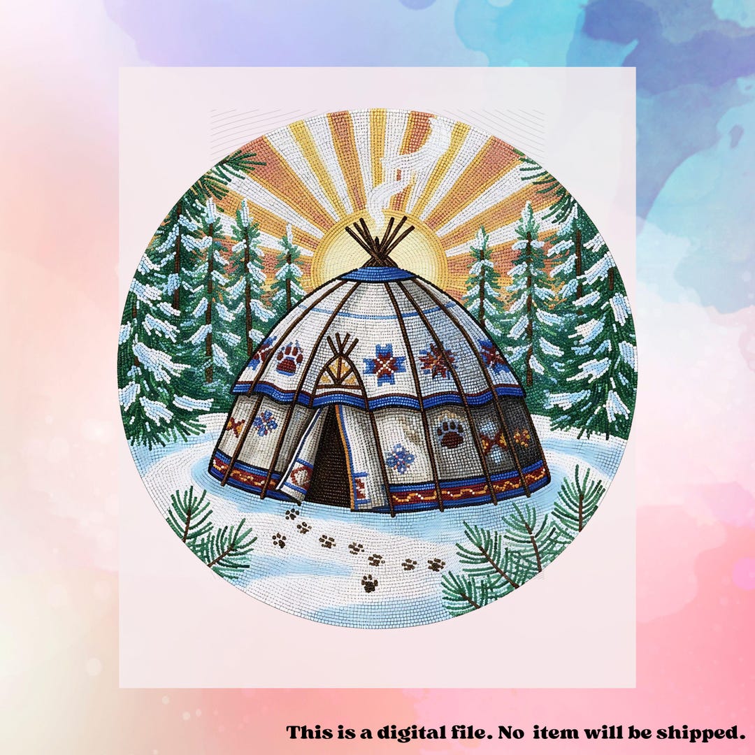 Winter Wigwam Scene Native Art Round PNG JPG Indigenous Instant ...