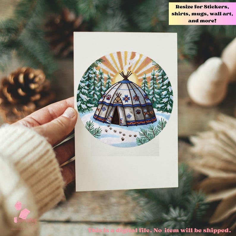 Winter Wigwam Scene Native Art Round PNG JPG Indigenous Instant ...