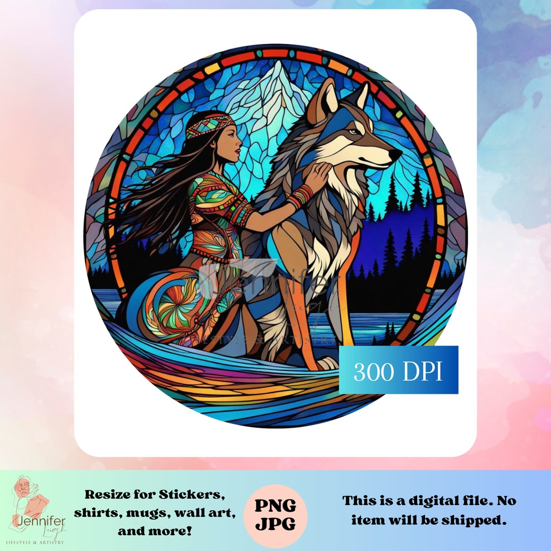 Indigenous Woman and Wolf Round Png JPEG Native Digital Download for ...