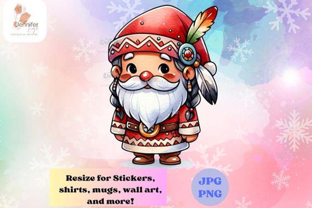 Cute Christmas Watercolor Art Santa PNG JPG Native American Designs for ...