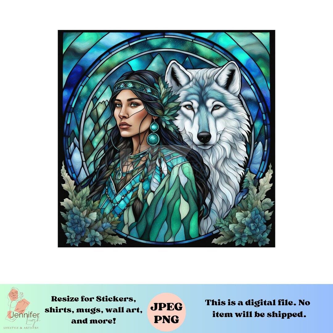 Indigenous Woman and Wolf Png JPEG Native American Digital Download for ...