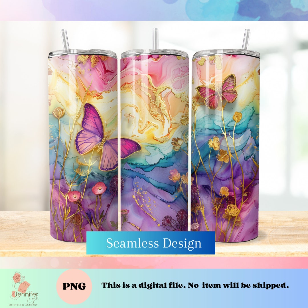 Alcohol Ink and Gold Butterflies Png Jpg Summer Watercolor Seamless ...